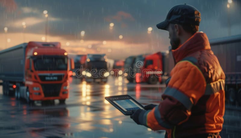 Driver Uses Tablet for Logistics, Modern Truck Fleet in Background ...
