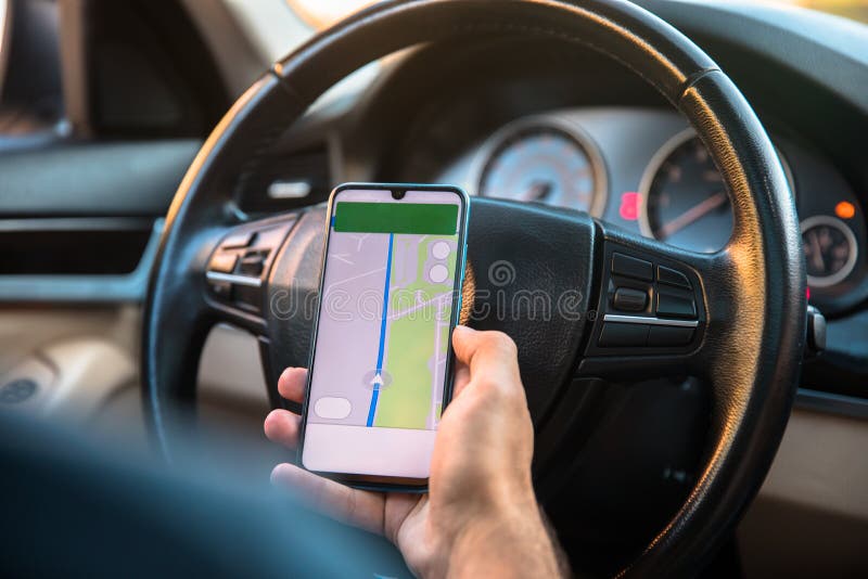 Driver Using Google Maps on Mobile Phone Stock Image - Image of road ...