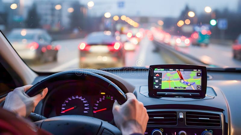 Driver Using GPS Navigation Technology on the Busy Highway at Night ...
