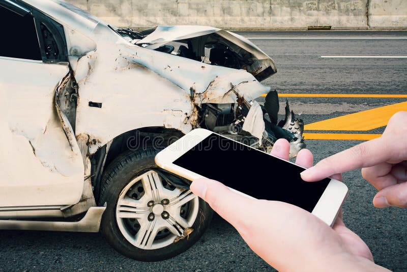 Driver Using Mobile Smartphone with Car Crash Accident Stock Photo ...