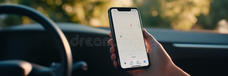 Driver Using Smartphone Navigation App in Car Stock Photo - Image of ...
