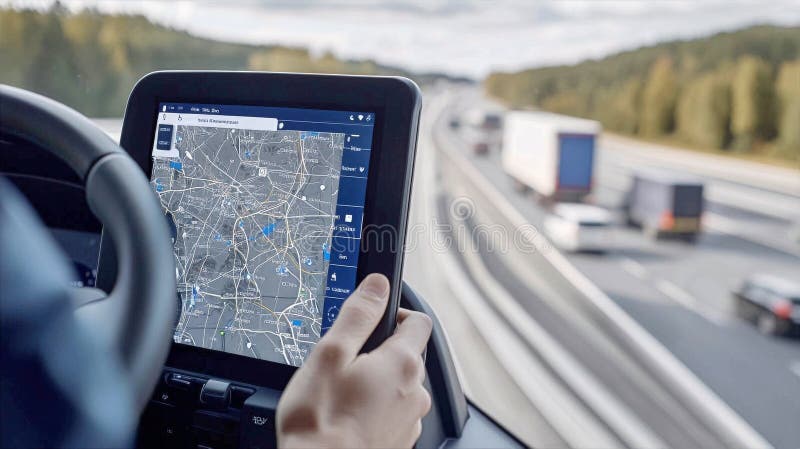 Driver Using Tablet for Navigation on Highway with Trucks and Cars ...