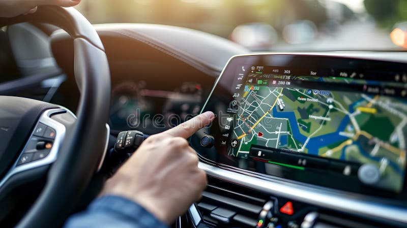 Driver Using a Touchscreen Navigation System in Modern Car. Clear ...