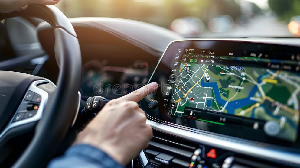Driver Using a Touchscreen Navigation System in Modern Car. Clear ...