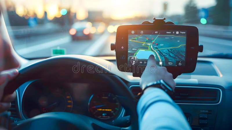 Driver Utilizing GPS Technology on the Highway at Night Modern ...