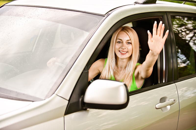 Driver-woman of Car Waves Hand Stock Image - Image of belt, human: 15454547