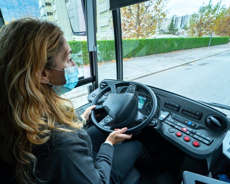 Driver Woman Day at Work with Mask Stock Image - Image of adult ...