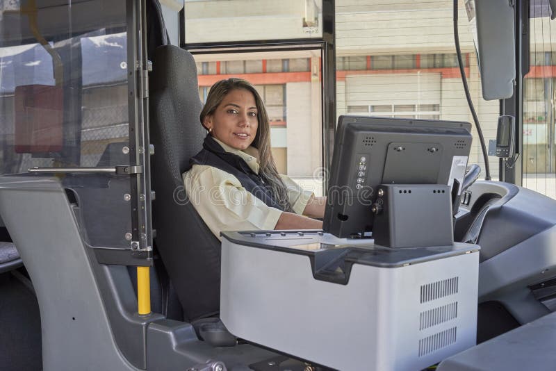 Driver Woman Working in Bus Stock Photo - Image of local, sitting ...