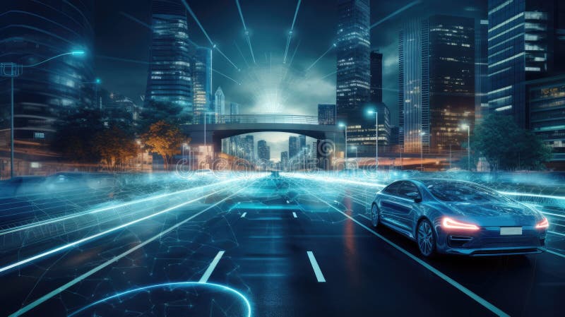 Driverless Car. Autonomous Cars on the Road Using Technologies Stock ...