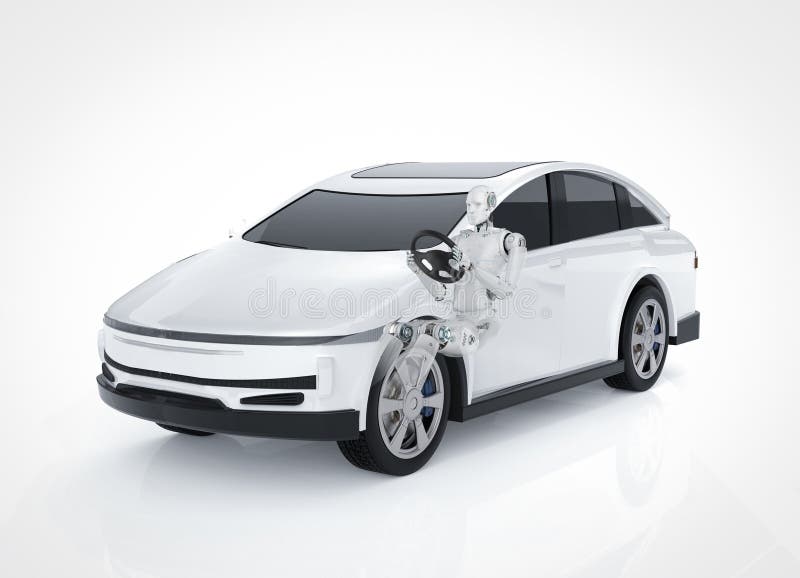 Driverless Car or Autonomous Car with White Ev Car or Electric Vehicle ...