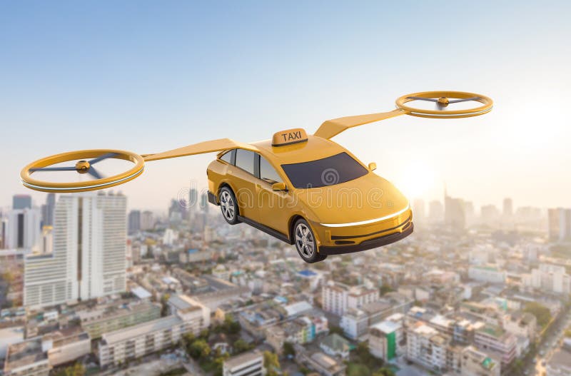 Driverless Taxi or Autonomous Taxi with Electric Flying Yellow Car ...