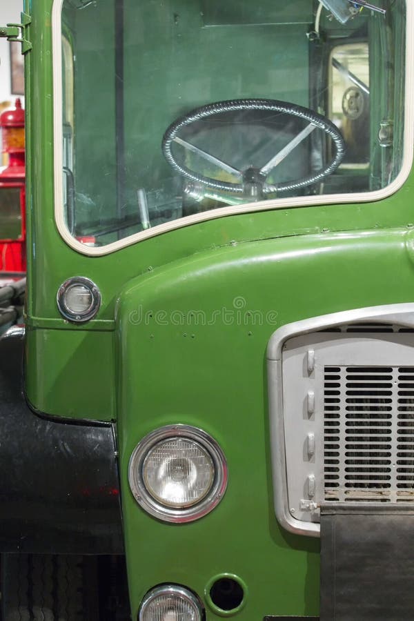 Drivers Compartment and Front of a Green Bus Stock Photo - Image of ...