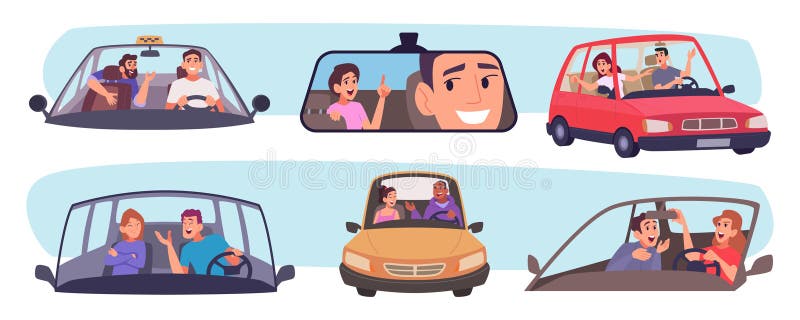 Drivers Inside Car. People Talking and Driving Automobile Exact Vector ...