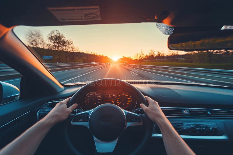 Drivers Point of View of Hands Driving Modern Car on the Road with Copy ...