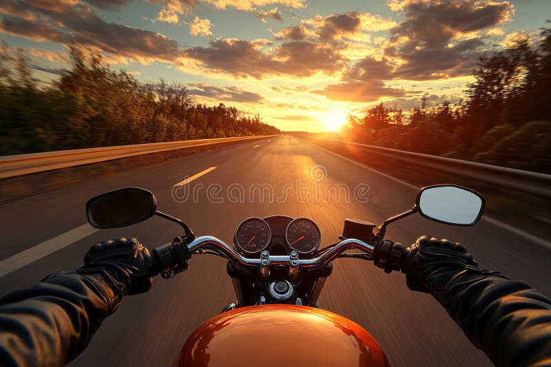Drivers Point of View of Hands Driving Motorbike on Sunset Stock ...