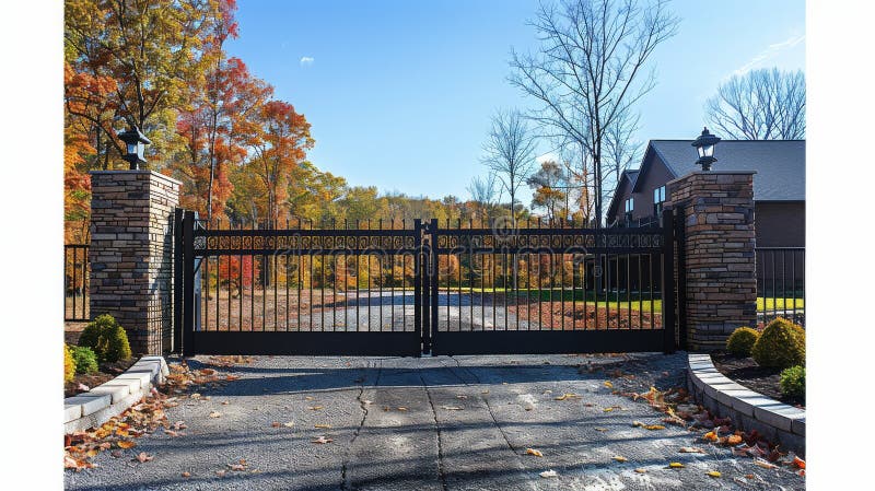 Driveway with Gate and Trees Stock Photo - Image of foliage, driveway ...