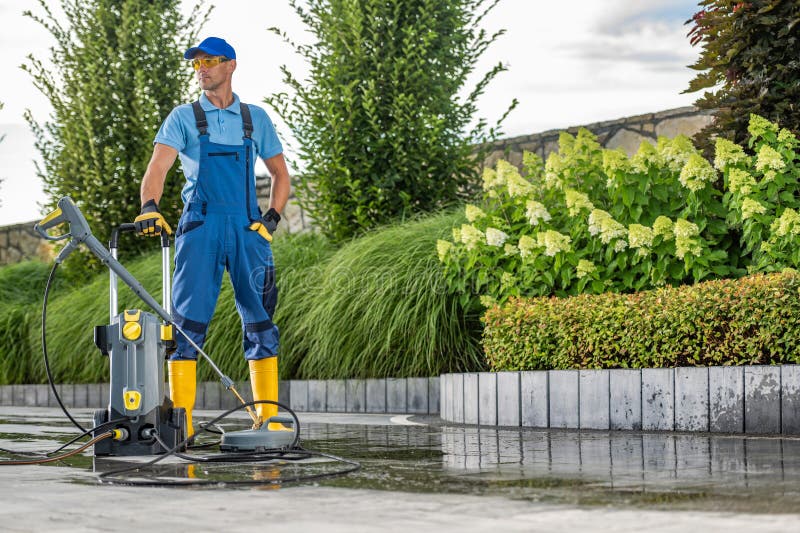 Driveway Pressure Washing Performed by Worker Stock Photo - Image of ...