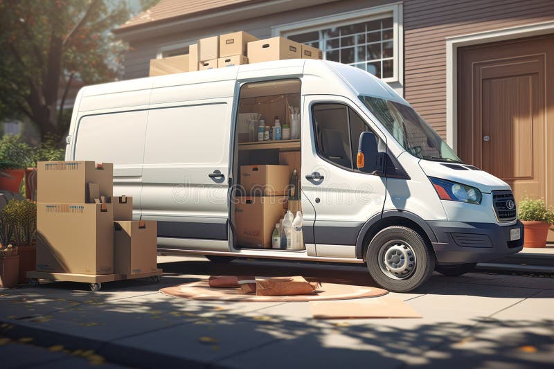 Driveway Scene: Delivery Van Filled with Furniture, Ready for Unloading ...