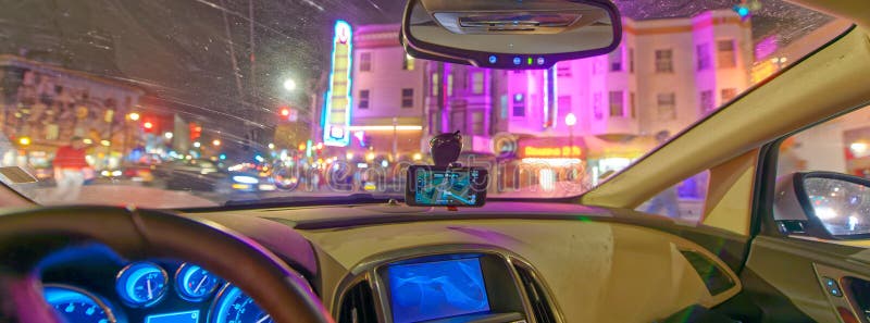 Driving Along City Traffic at Night, View from Car Interior Stock Image ...