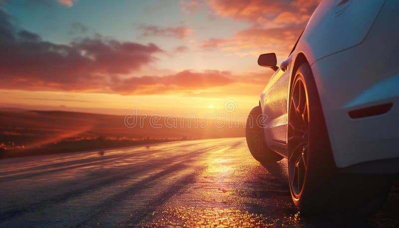 Driving a Car Against the Backdrop of Sunset and Countryside Stock ...