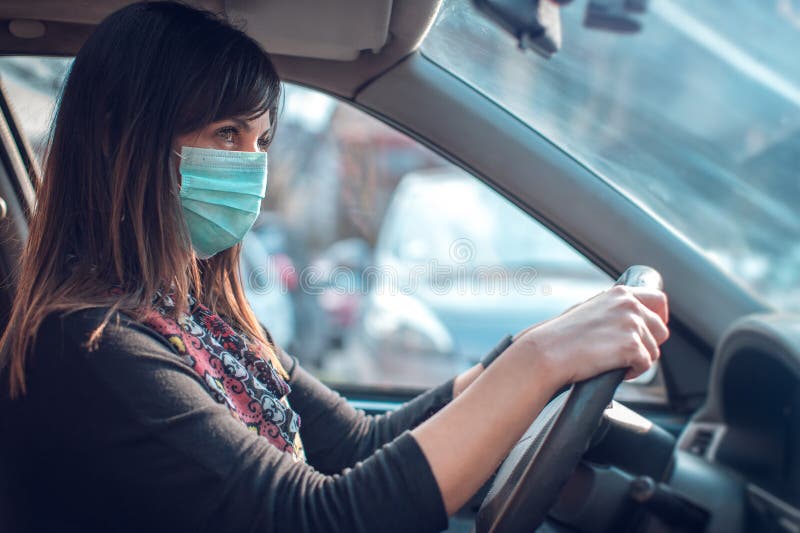 Driving Car with Face Mask and Sunglasses Stock Image - Image of health ...