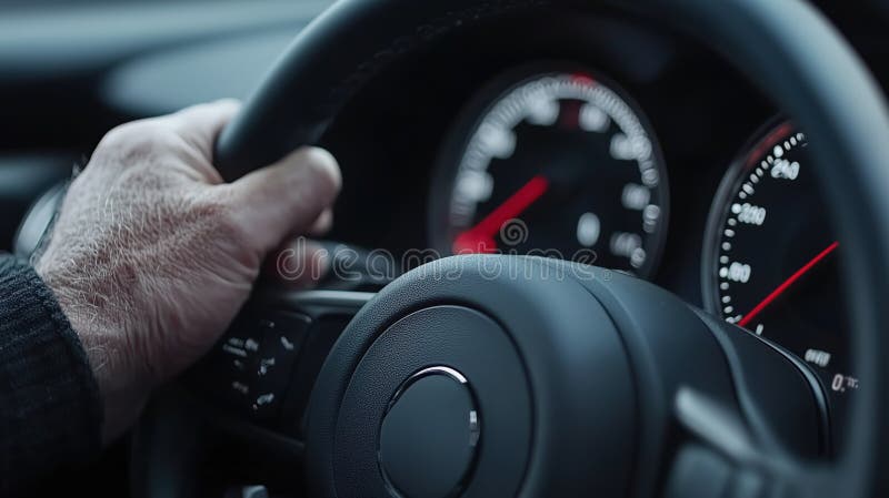 Driving Car with Focus on Steering Wheel and Speedometer, Showcasing ...