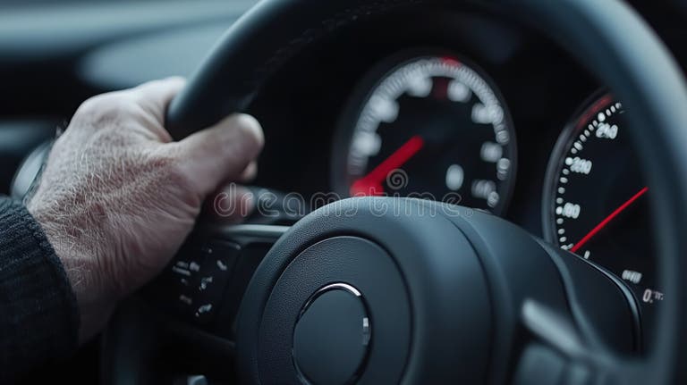 Driving Car with Focus on Steering Wheel and Speedometer, Showcasing ...