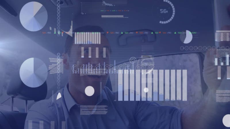 Driving Car, Man with Data Analytics and Graphs Animation in Background ...