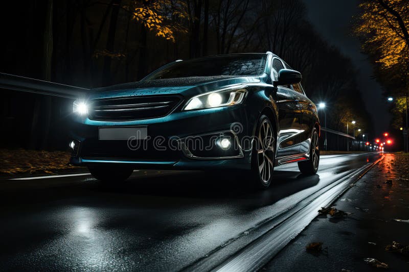 Driving a Car SUV in the Dark with Headlights on. Stock Image - Image ...