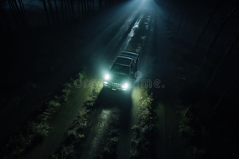 Driving a Car SUV in the Dark with Headlights on. a Trip by Car on a ...