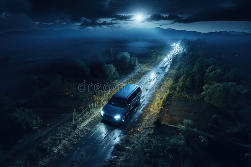 Driving a Car SUV in the Dark with Headlights on. a Trip by Car on a ...