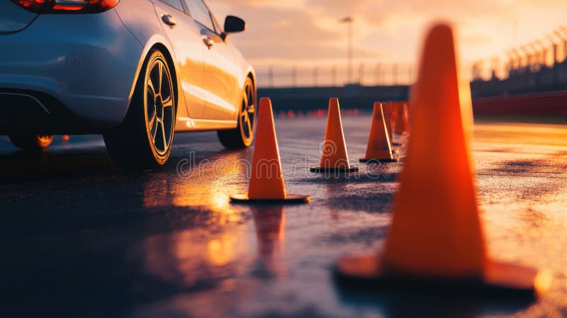 Driving Course Setup with Traffic Cones for Vehicle Training at Sunset ...