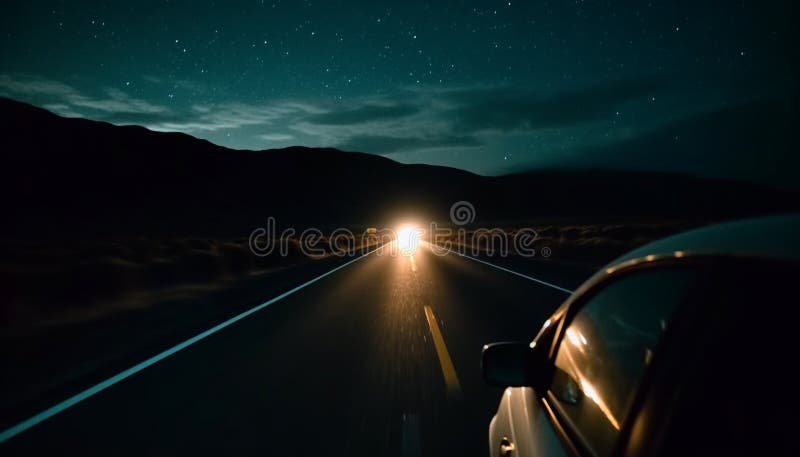 Driving through the Dark, Illuminated by Star Trail and Headlights ...