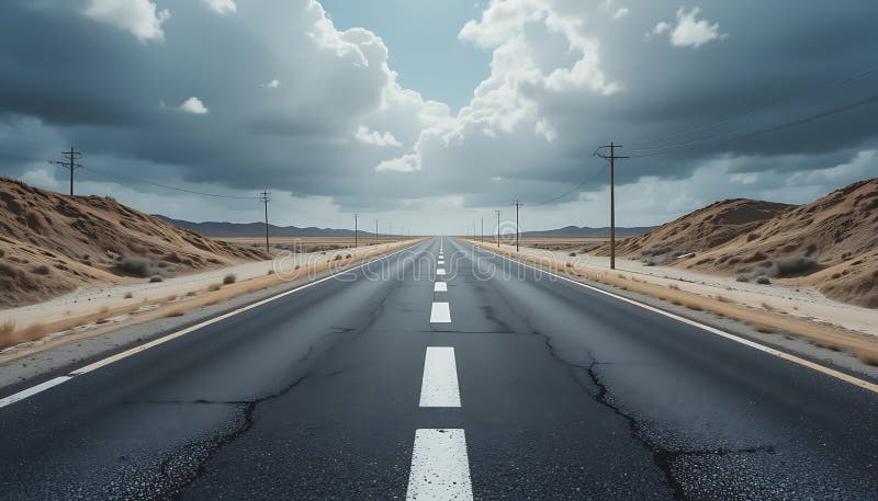 Driving Down a Desert Highway Under Dramatic Clouds and Blue Sky Stock ...