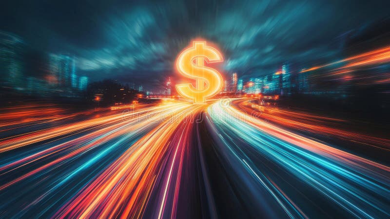 Driving Down a Digital Data Highway, a Neon Dollar Sign Flashes Stock ...