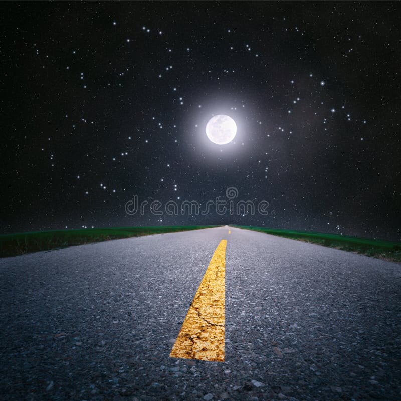 Driving on an Empty Road by Moonlight Stock Image - Image of light ...