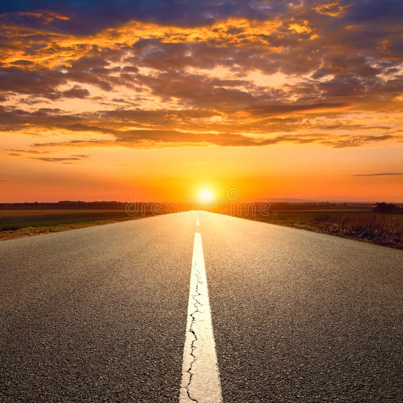 Driving on an Empty Road Towards the Sunset Stock Image - Image of ...