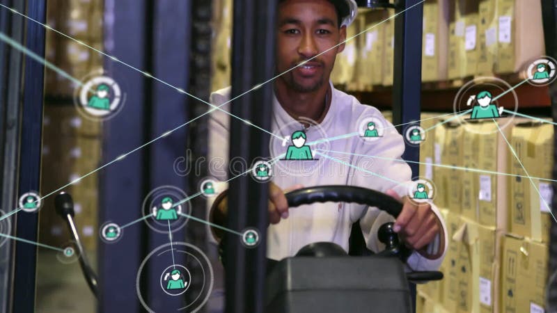 Driving Forklift in Warehouse, Worker Connected To Network Animation ...