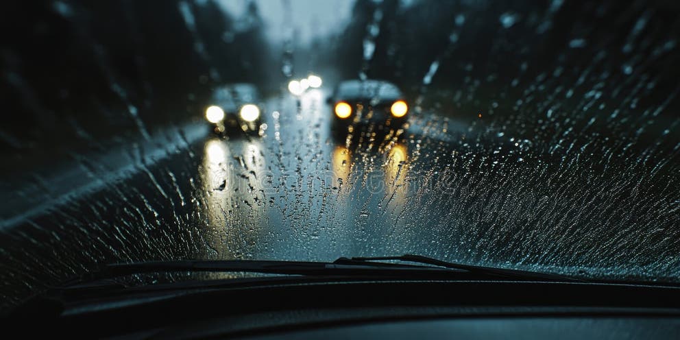 Driving in Heavy Rain Headlights and Raindrops on Windshield Stock ...