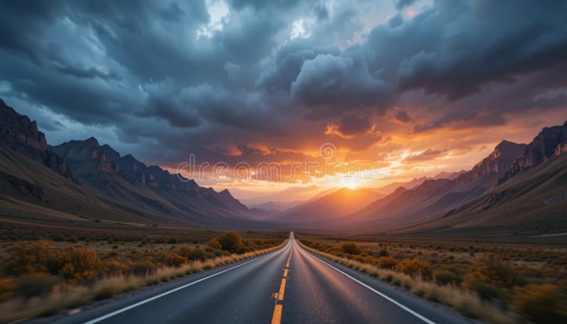 Driving on Highway Road through Mountains at Dramatic Sunset with ...