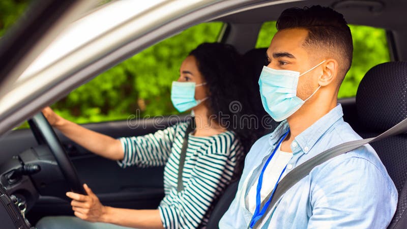 Driving Instructor and Brunette Lady Sitting Inside Car Stock Image ...