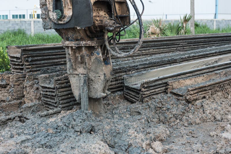 Driving Machine Work. Retaining Wall Steel Sheet Pile Materials ...