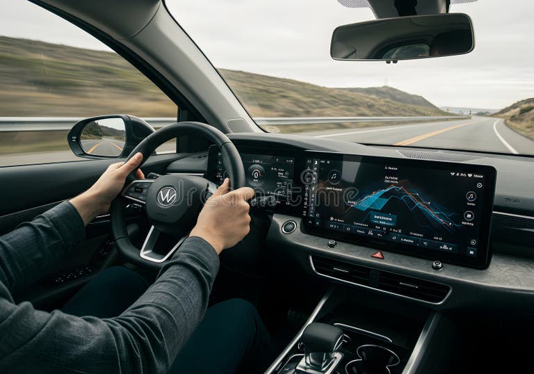 Driving a Modern Car Interior Dashboard View on Highway with Advanced ...