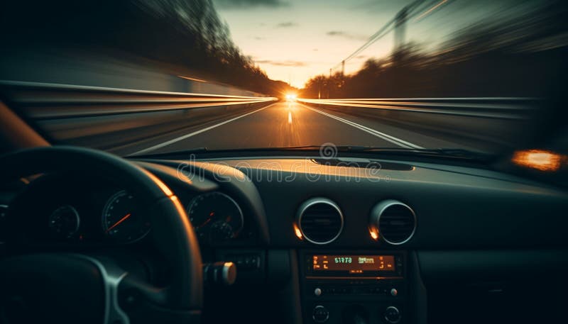 Driving on Multiple Lane Highway at Dusk, Speedometer Reflects Journey ...