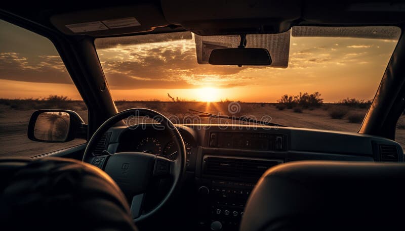 Driving on Multiple Lane Highway, Sunset Sky Back Lit Silhouette ...