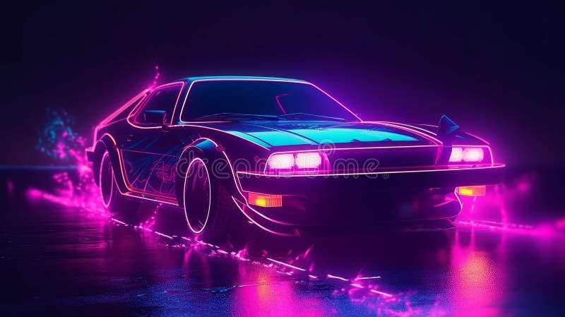 Driving in the Night Futuristic Synth-wave Car. Generative AI Stock ...