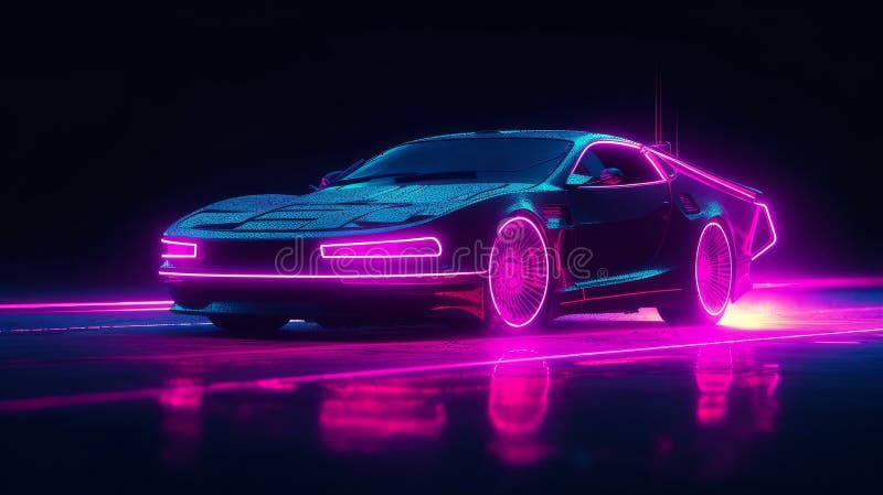 Driving in the Night Futuristic Synth-wave Car. Generative AI Stock ...