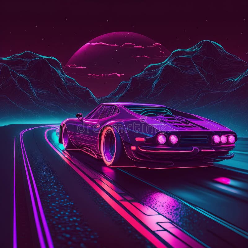 Driving in the Night Futuristic Synth-wave Car Illustration Image ...