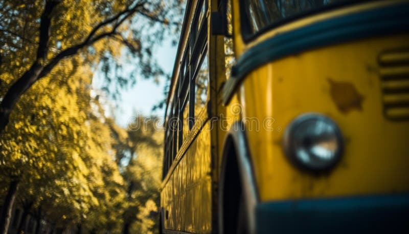 Driving an Old Yellow Bus through the Autumn Forest Generated by AI ...