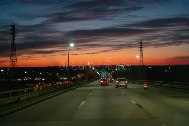 Driving Over a Bridge Early Morning at Sunrise Stock Image - Image of ...